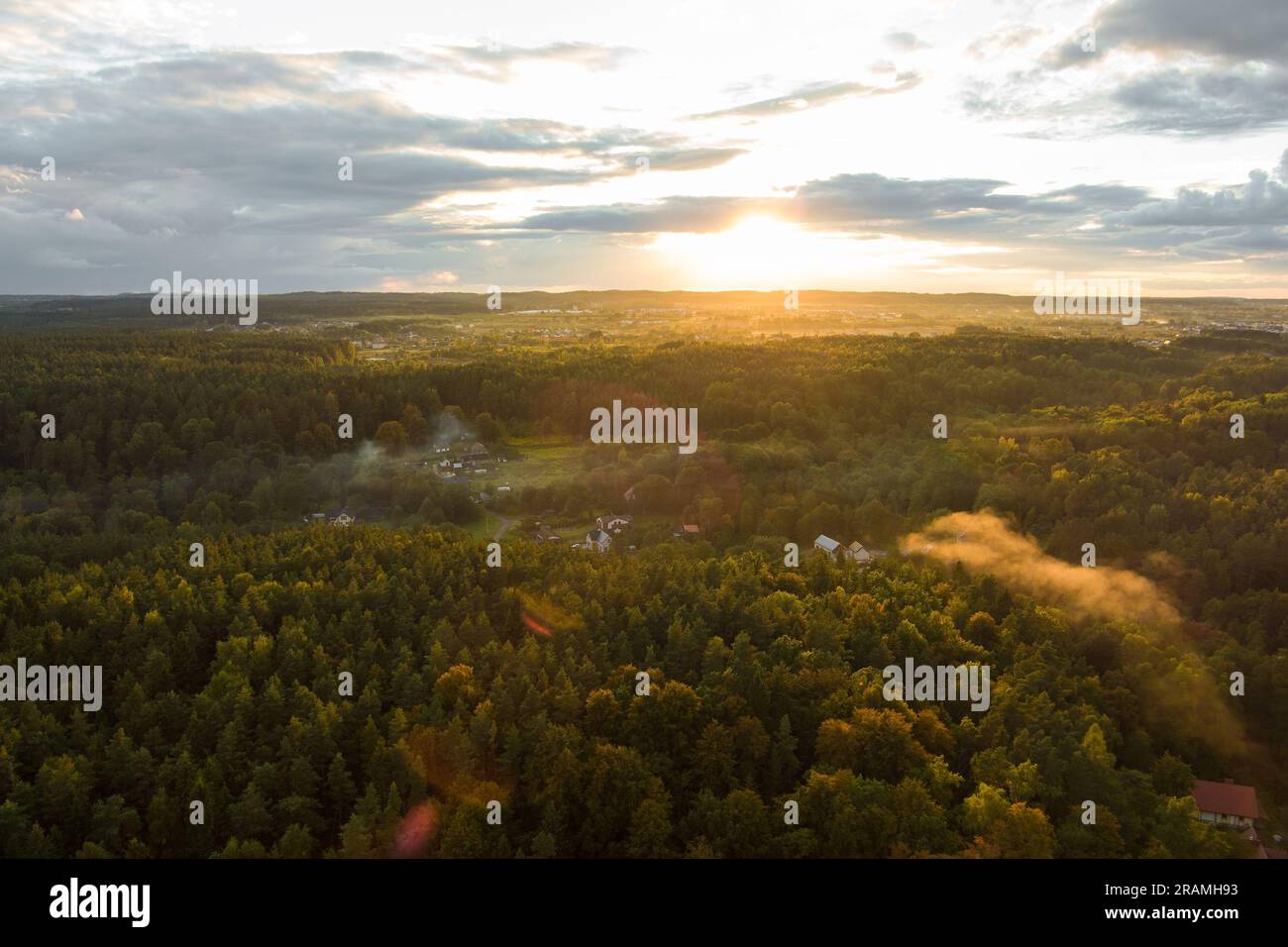 Aerial of autumn forest with green and yellow trees. Mixed deciduous ...