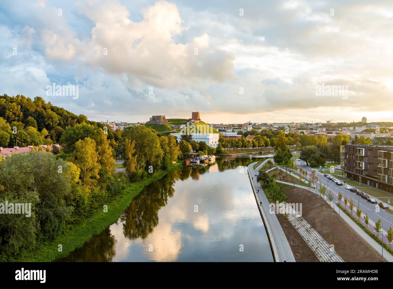 Beautiful aerial landscape of Neris river winding through Vilnius city ...