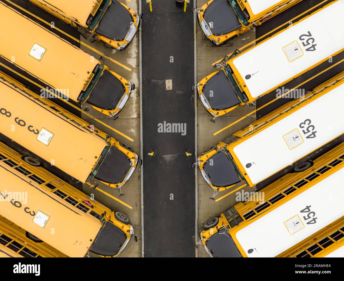 Aerial view of yellow school buses in a concrete parking lot Stock ...