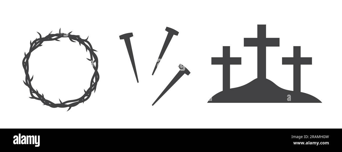 crown of thorns, nails and crosses on mount Calvary; Crucifixion of ...