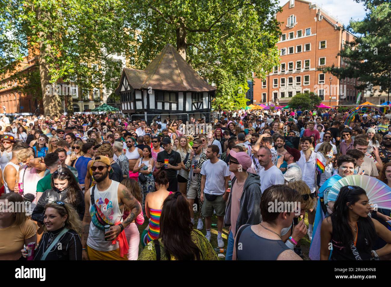 General view of the crowds in Soho Square during Pride in London Stock ...