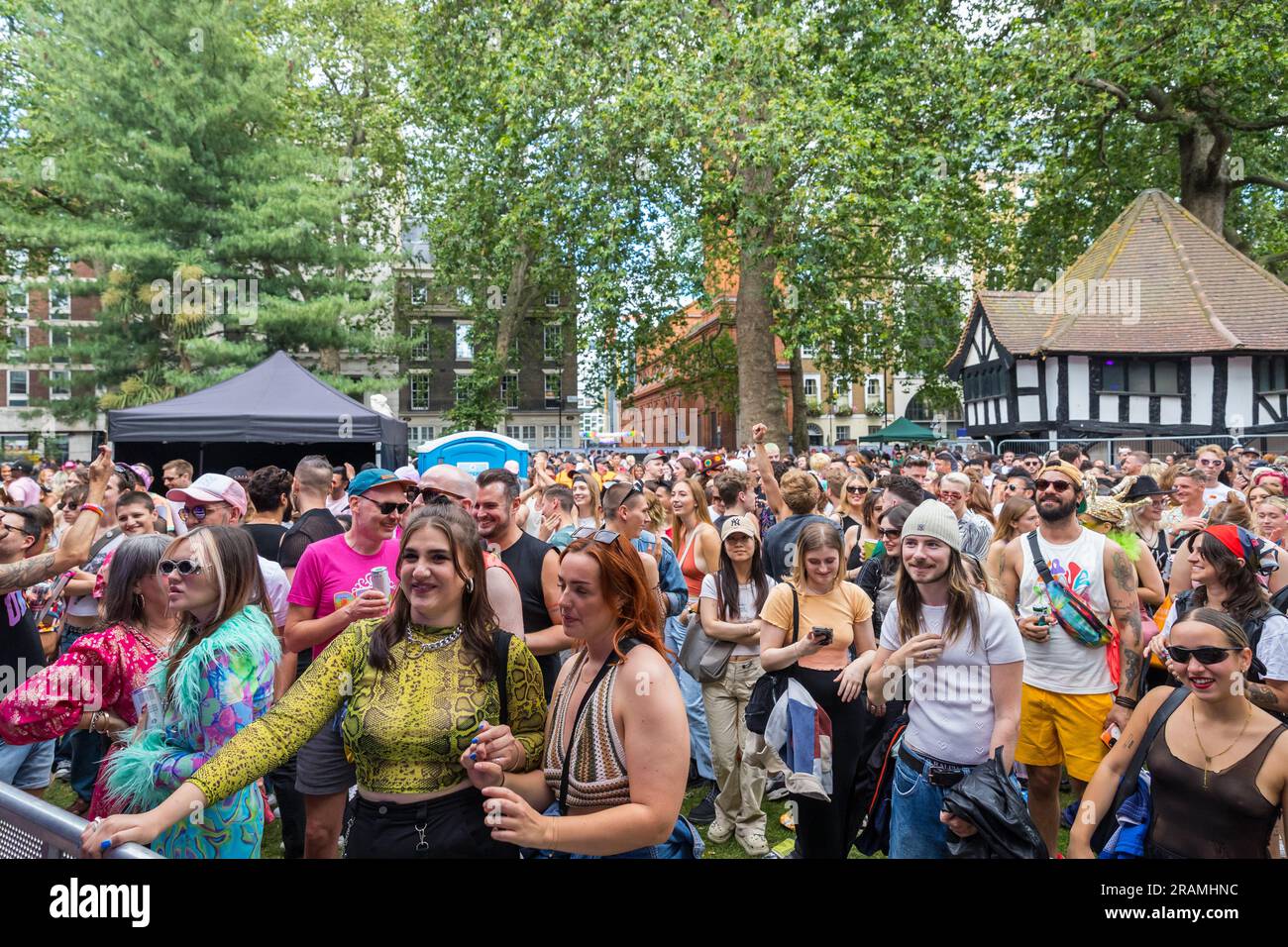 General view of the crowds in Soho Square during Pride in London Stock ...