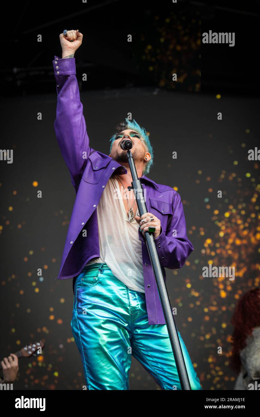 Adam Lambert performing on the main stage of Pride in London, Trafalgar ...