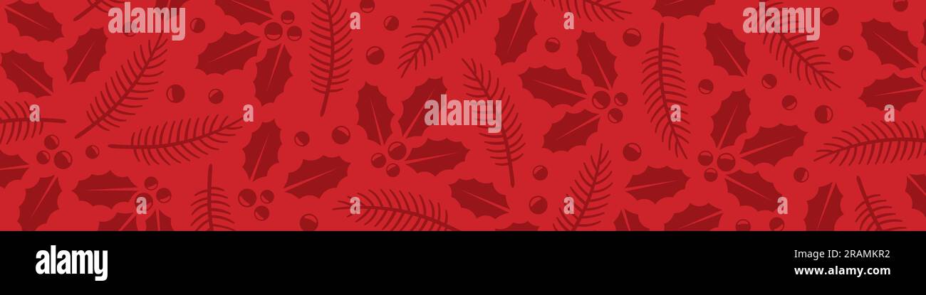 red christmas banner with fir tree twigs and holly berries- vector ...