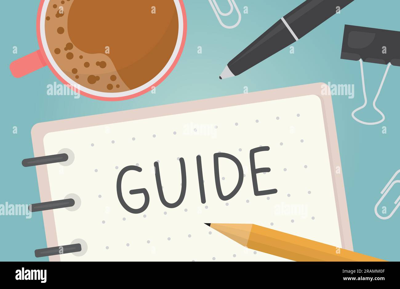 guide word written in a notebook, flat lay composition of office desk ...