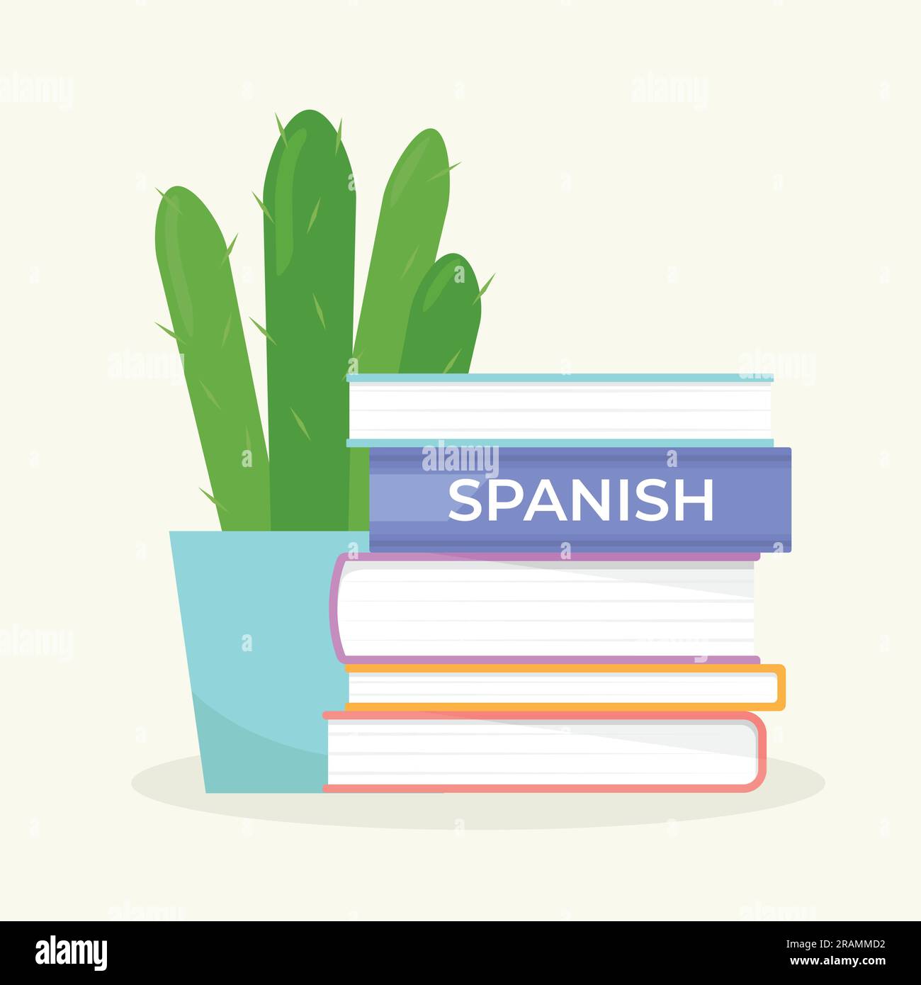 concept of learning spanish language, pile of books and cactus flower ...