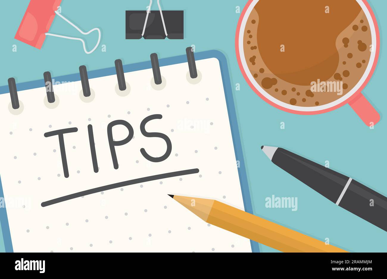 tips word written in a notebook, flat lay composition of office desk ...
