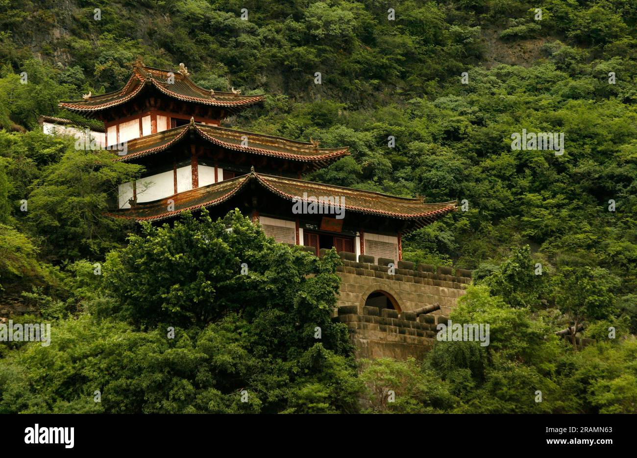 A fort sits perched on a cliffside at the Kuimen Gate at the Qutang ...