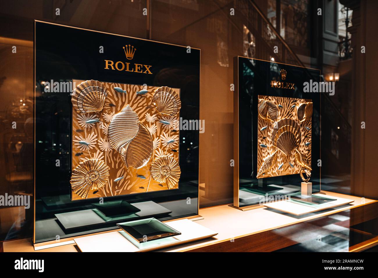Advertising of Rolex watches in the window of a watch store in famous ...