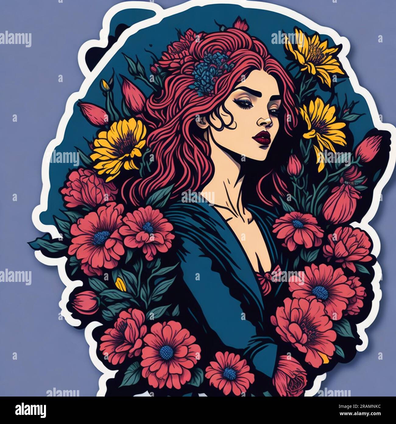 Sticker style illustration of Madonna with flowers. Tattoo design Stock ...