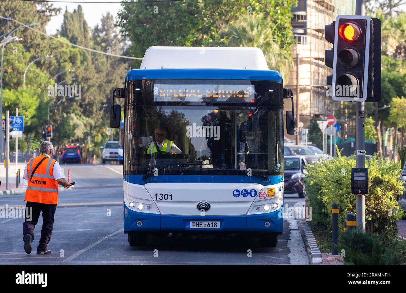 Nicosia, Cyprus. 4th July, 2023. A Chinese-made electric bus runs on a ...
