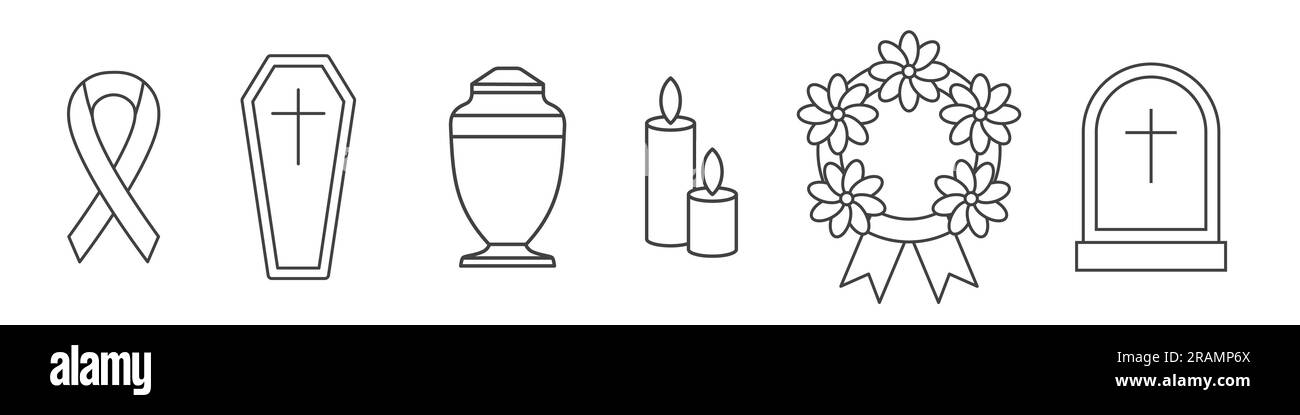 set of funeral line icons: mourning ribbon, coffin, urn, candles ...