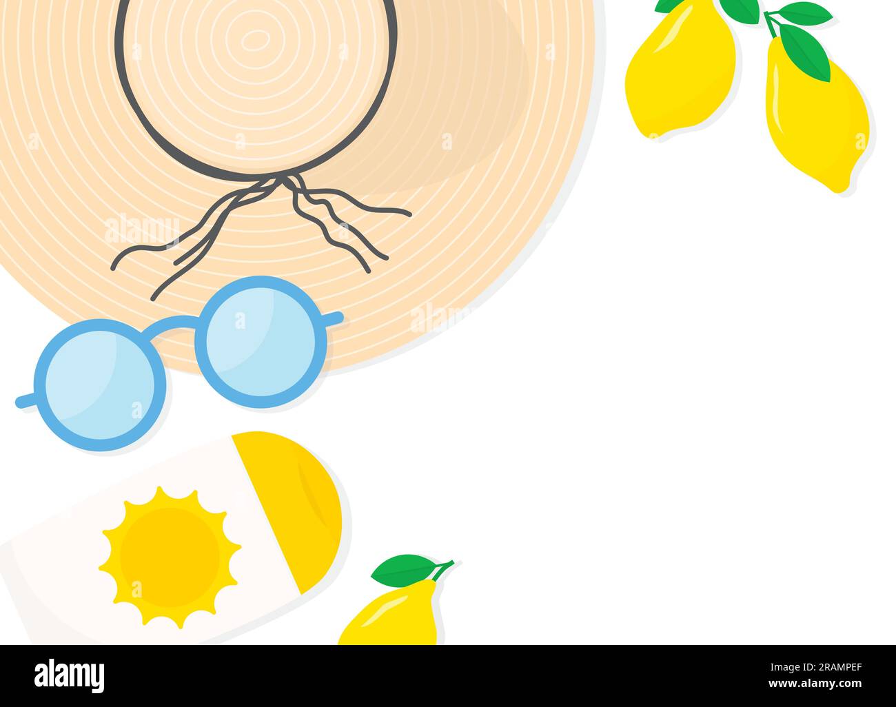 summer flat lay banner with straw hat, sun cream, lemons, and ...