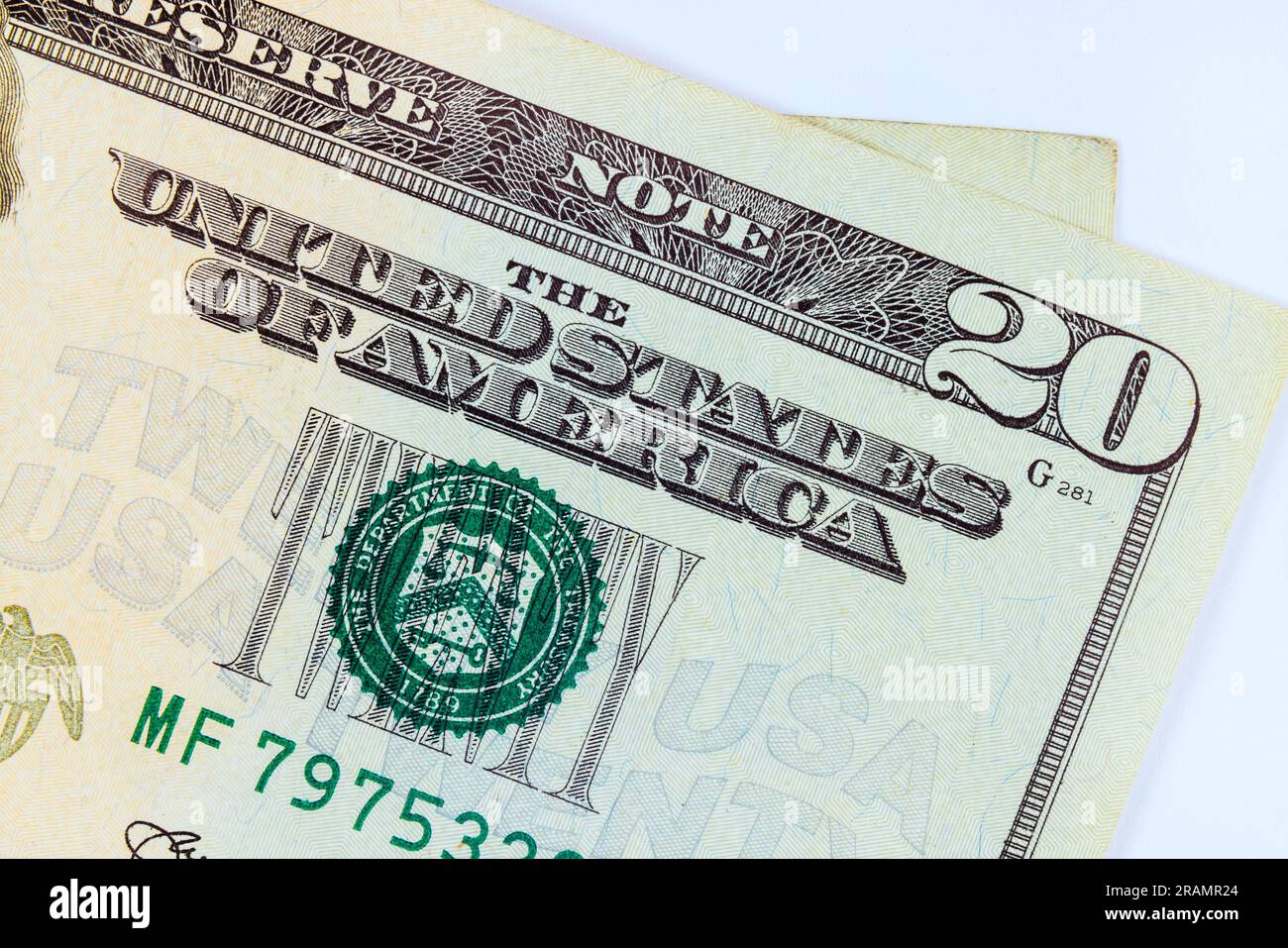 This provides detailed look at front side twenty-dollar bill from ...