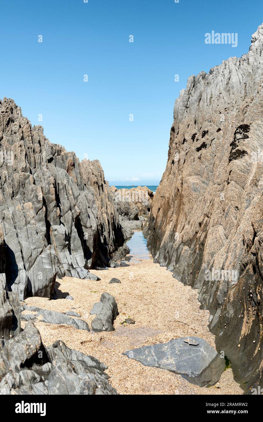 Rock formations during low tide on Barricane Beach, Devon Stock Photo ...