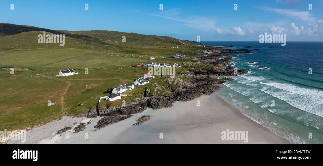 Aerial view of Balephuil bay, and Balephuil township, Isle of Tiree ...