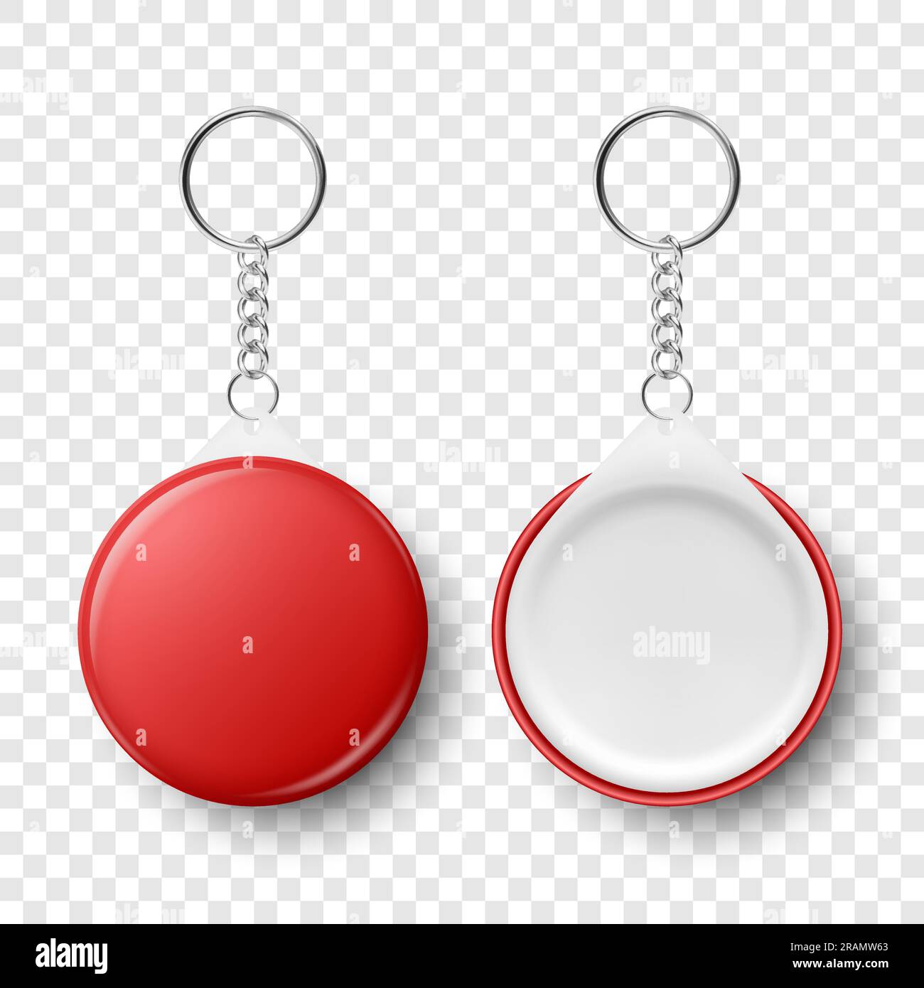 Vector 3d Realistic Blank Red Round Keychain with Ring and Chain for Key Isolatede. Button Badge ...