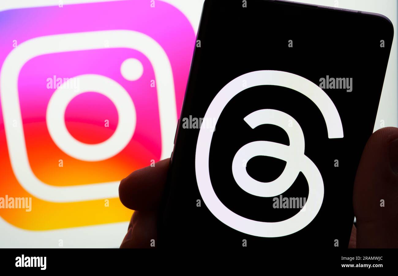 Instagram and Threads app logos seen on screens. Instagram Threads app ...