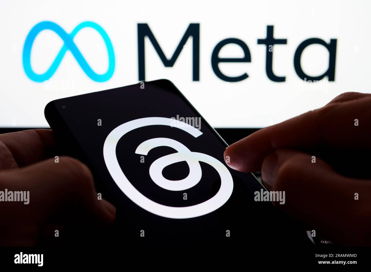 Threads app logo seen on screen. Instagram Threads app is a micro ...