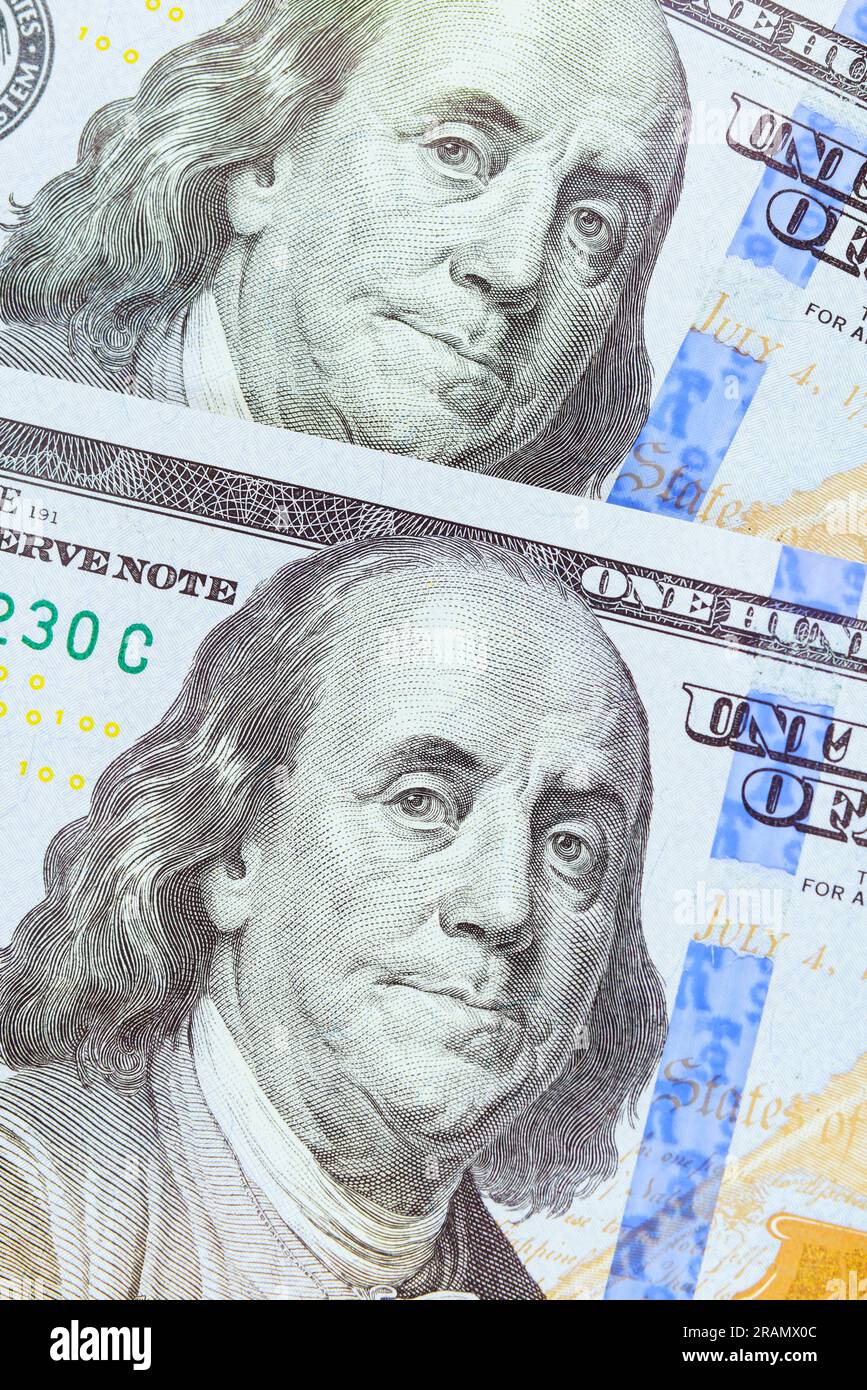 United States money showcases Benjamin Franklin's face in closeup view ...