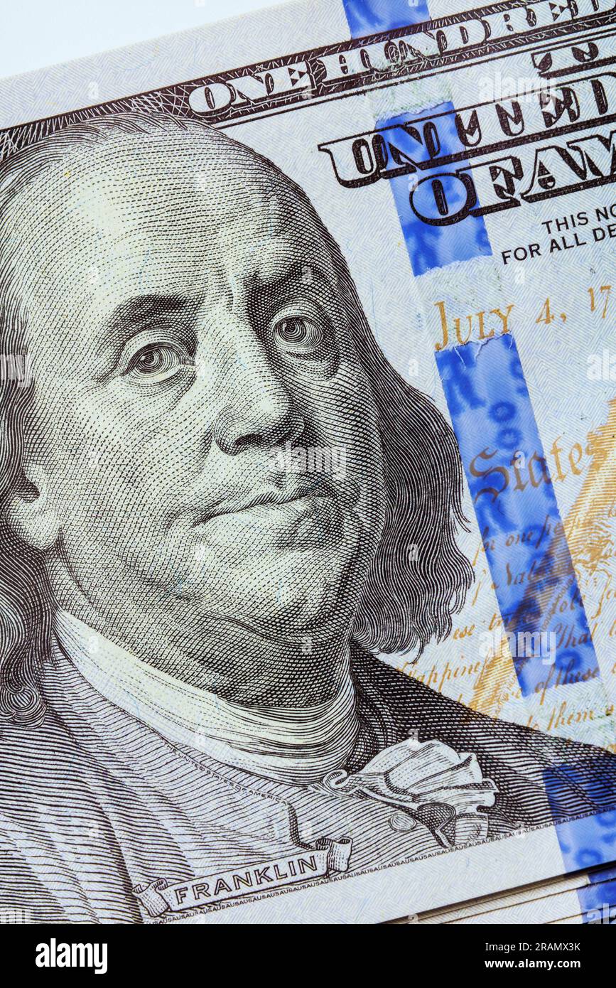 Benjamin Franklin closeup face is featured on United States one hundred ...