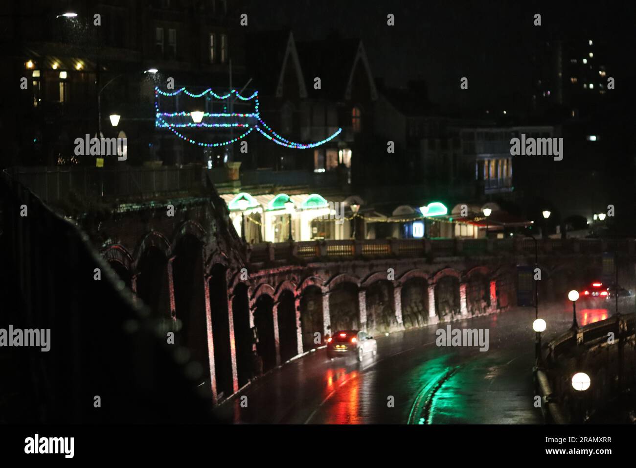 Ramsgate harbour and town on a wet and rainy night, in Thanet, Kent, UK ...