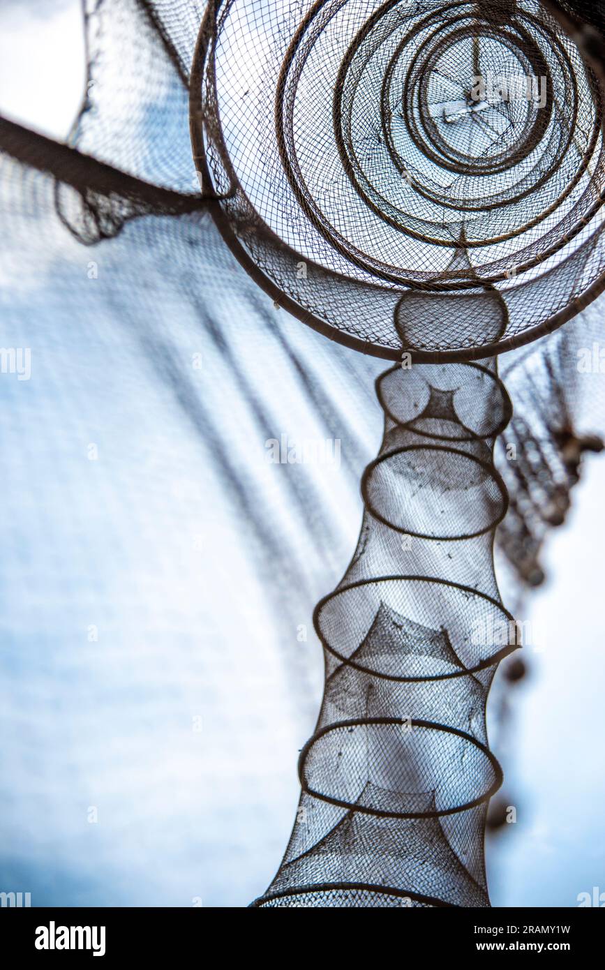 hanging fish trawl or fish trap with hoops to catch fish Stock Photo ...