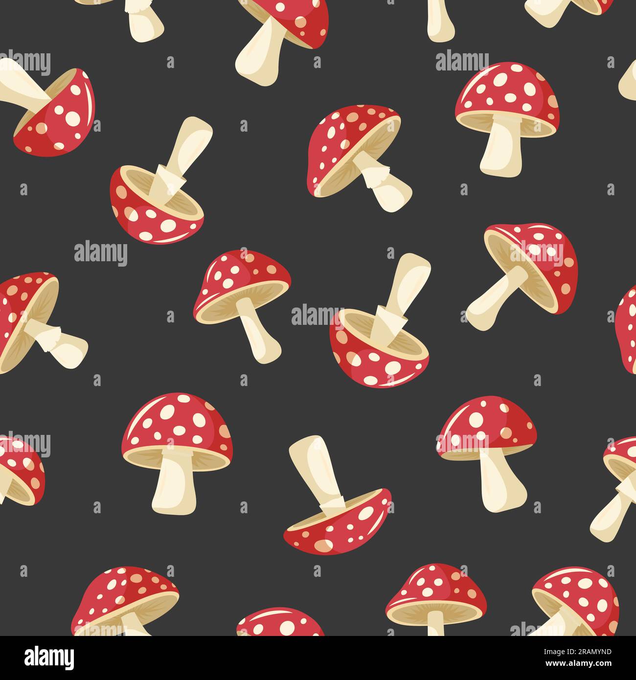 Vector Seamless Pattern With Hand Drawn Cartoon Flat Mushrooms On Black