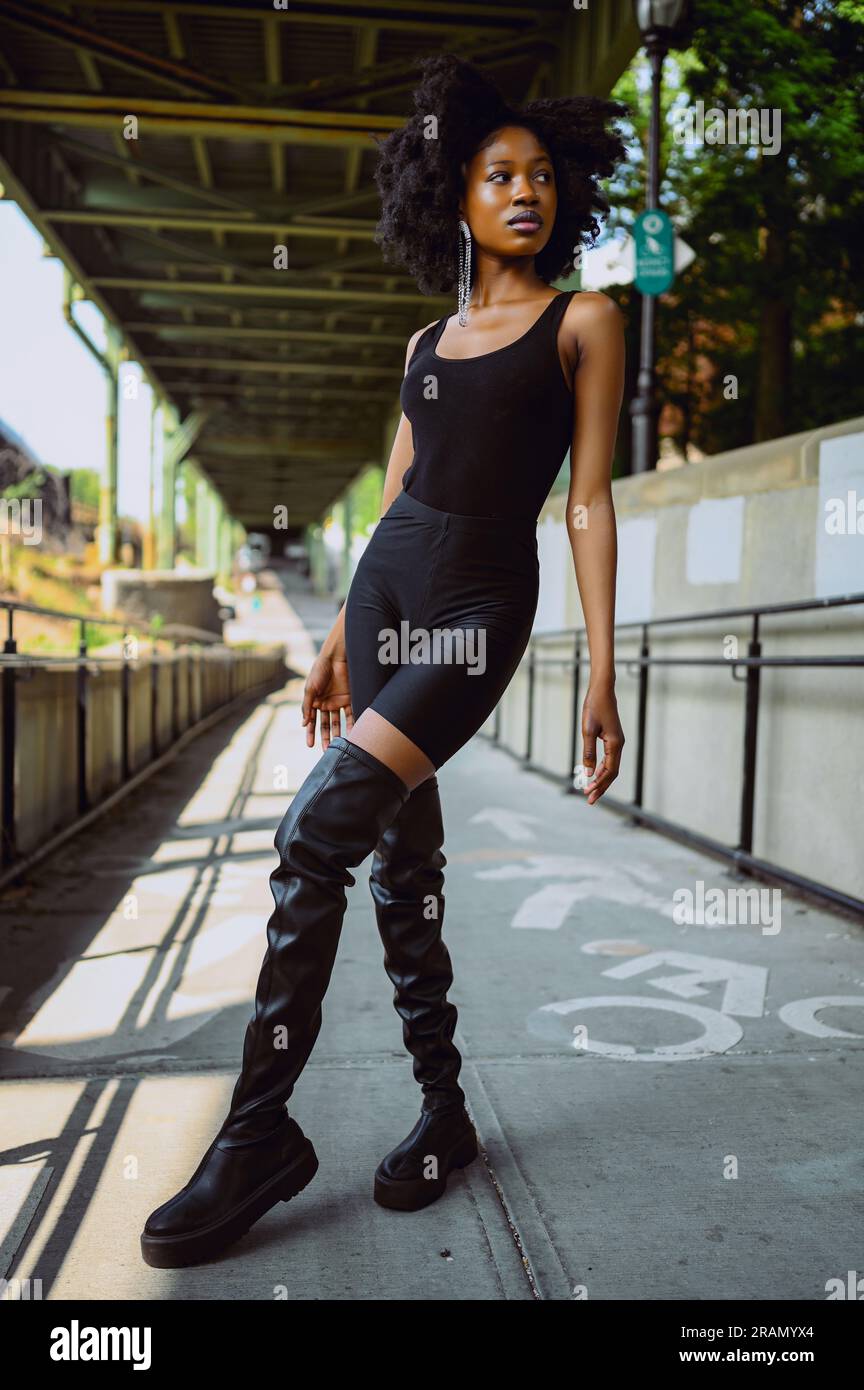 Fashion outdoor street style portrait Beautiful young African American ...