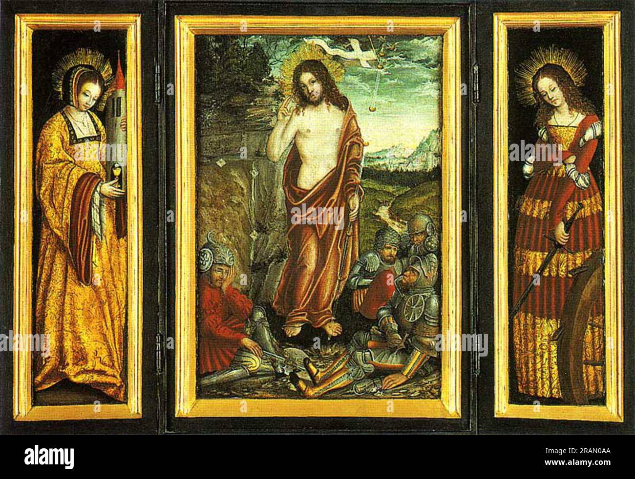 Small winged altar with the Resurrection of Christ, St. Barbara (Left Wing) and St. Catharine ...