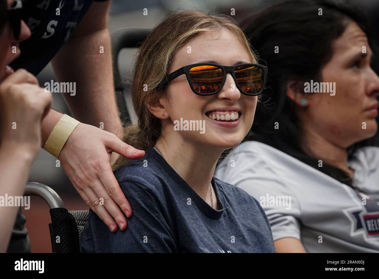 Sarah Langs reacts during her introduction Tuesday, July 4, 2023, at ...