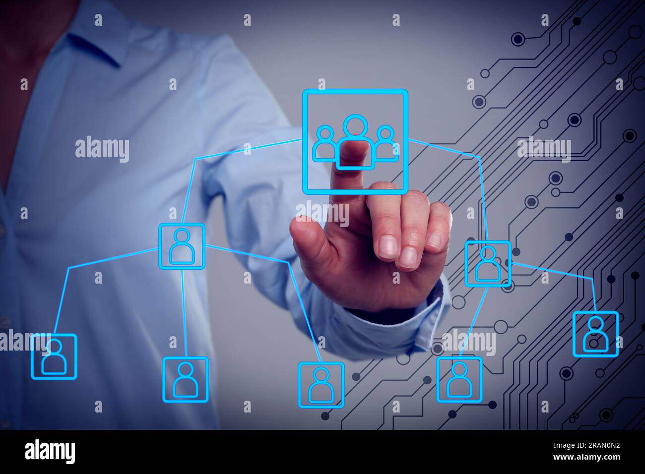 Multi-level marketing. Businessman touching scheme on digital screen ...