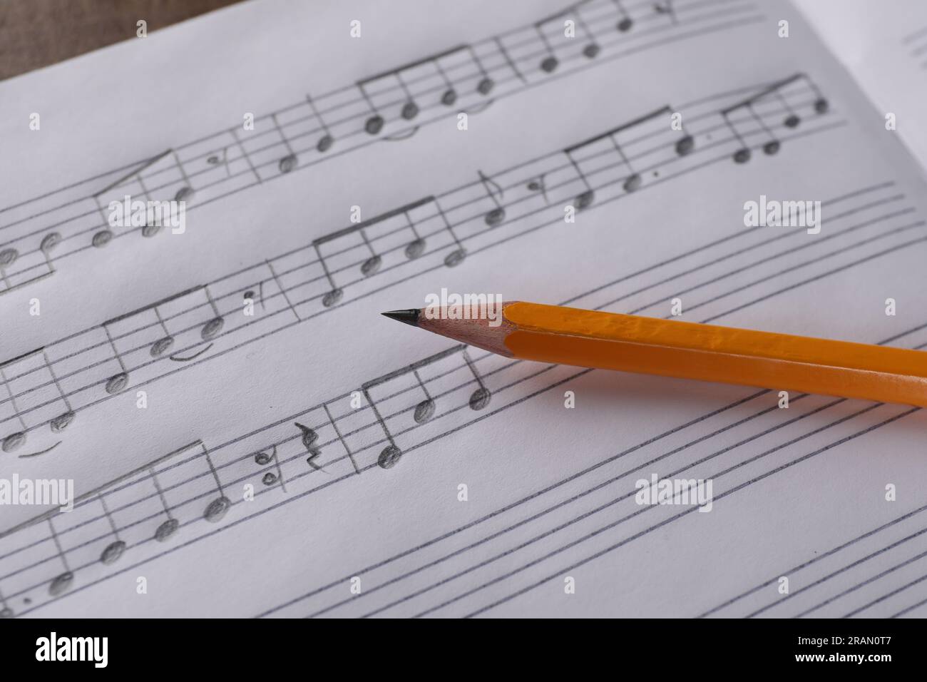 Sheet with musical notes and pencil, closeup view Stock Photo - Alamy