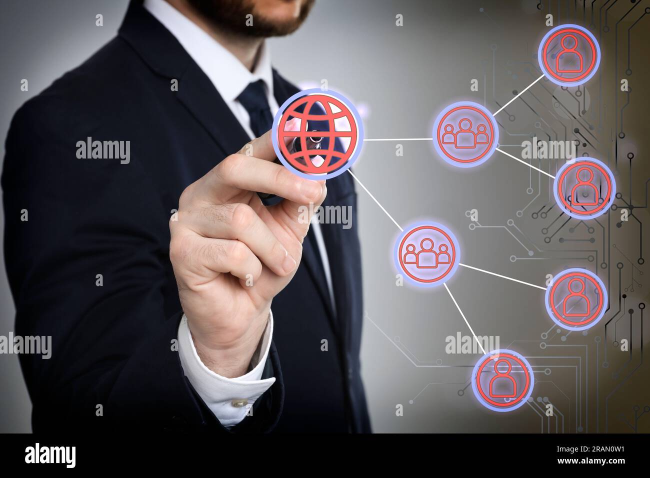 Multi-level marketing. Businessman touching scheme on digital screen ...