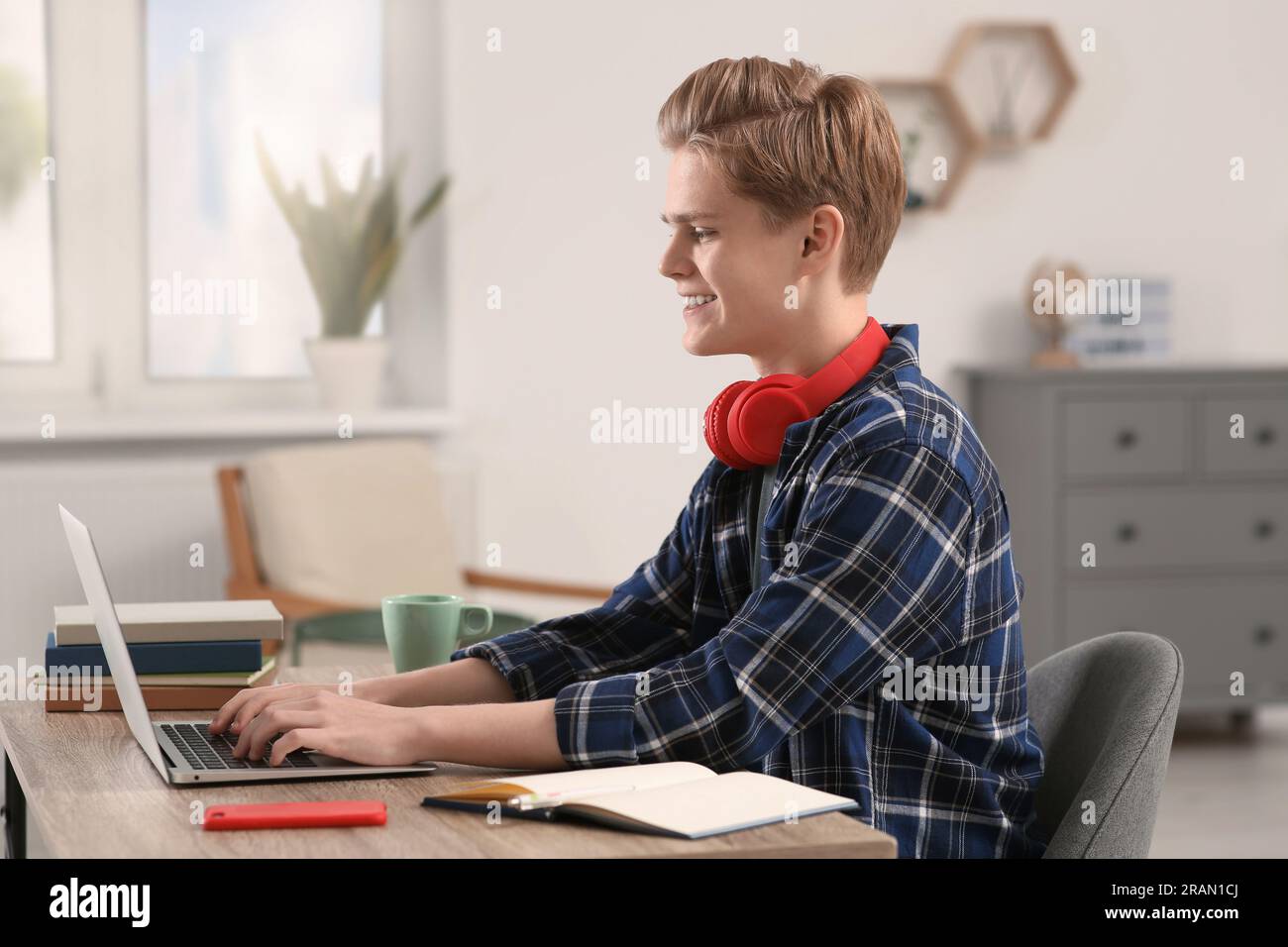 Online learning. Smiling teenage boy typing on laptop at home Stock ...