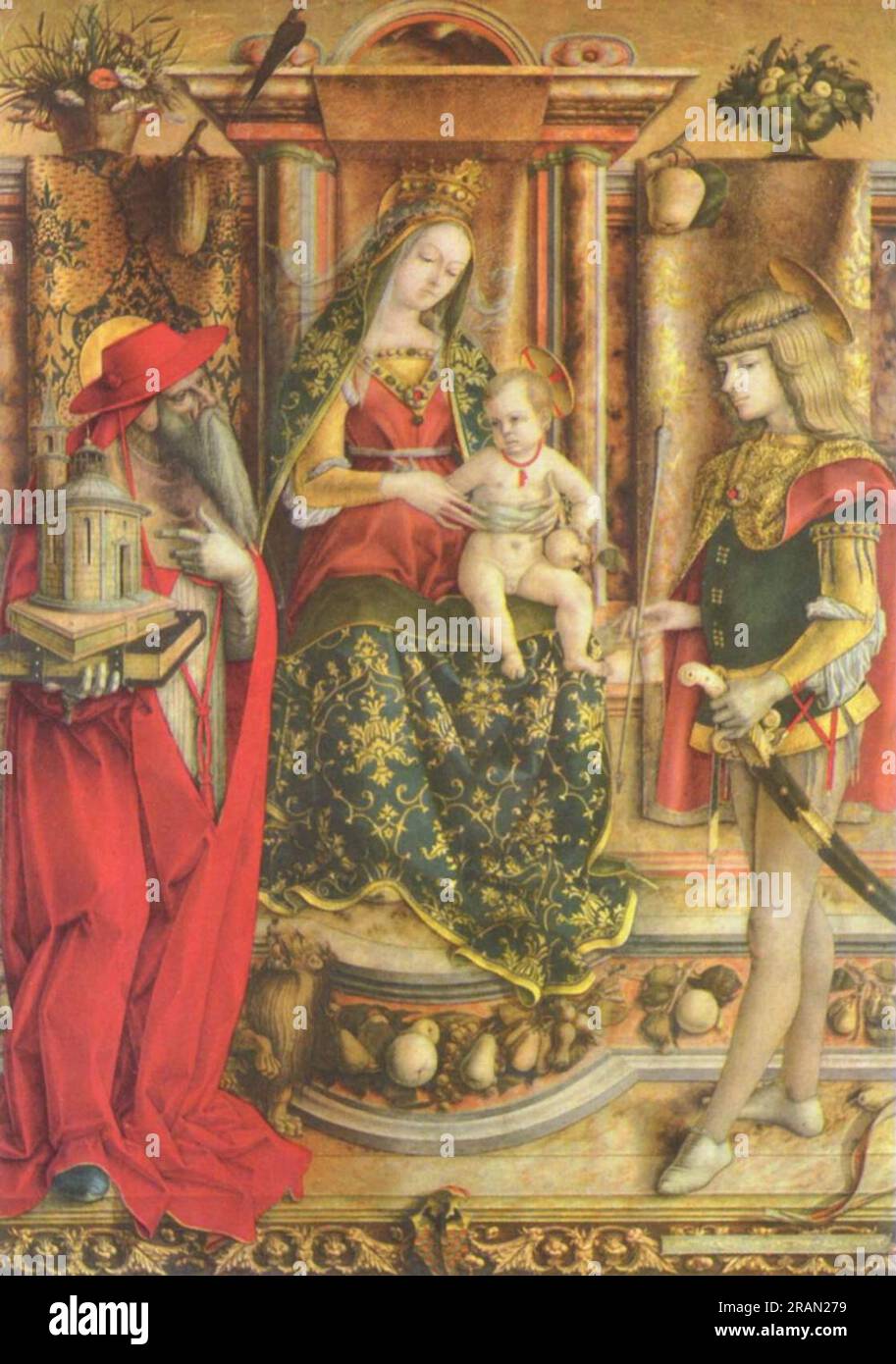 Enthroned Madonna, Saint Jerome, and St. Sebastian 1490 by Carlo Crivelli Stock Photo - Alamy