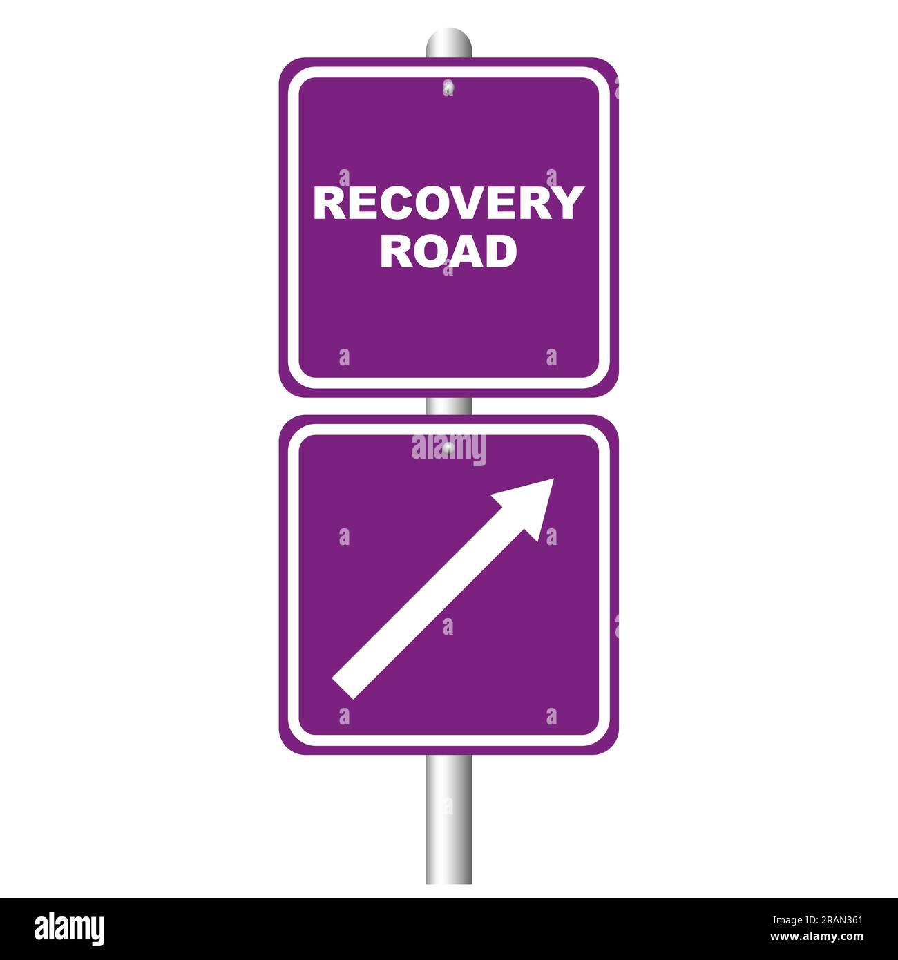 Purple signpost with phrase Recovery Road and arrow on white background ...