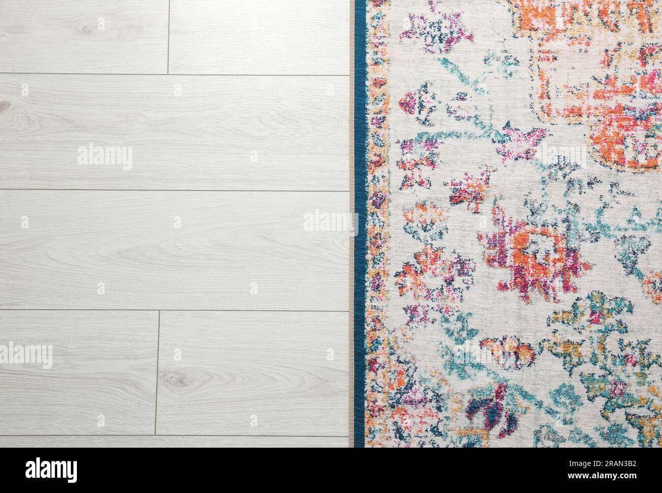Carpet with beautiful pattern on floor, top view. Space for text Stock ...