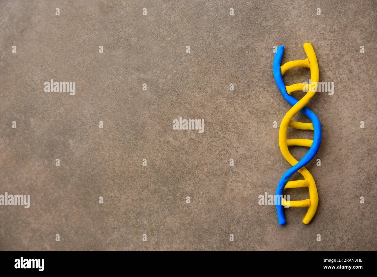 DNA molecule model made of colorful plasticine on brown background, top ...