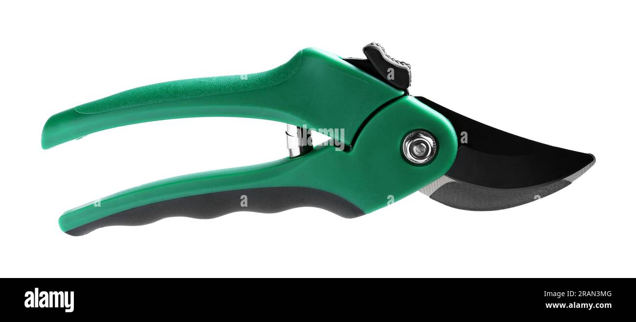 Secateurs with green handles isolated on white, top view. Gardening tool Stock Photo - Alamy