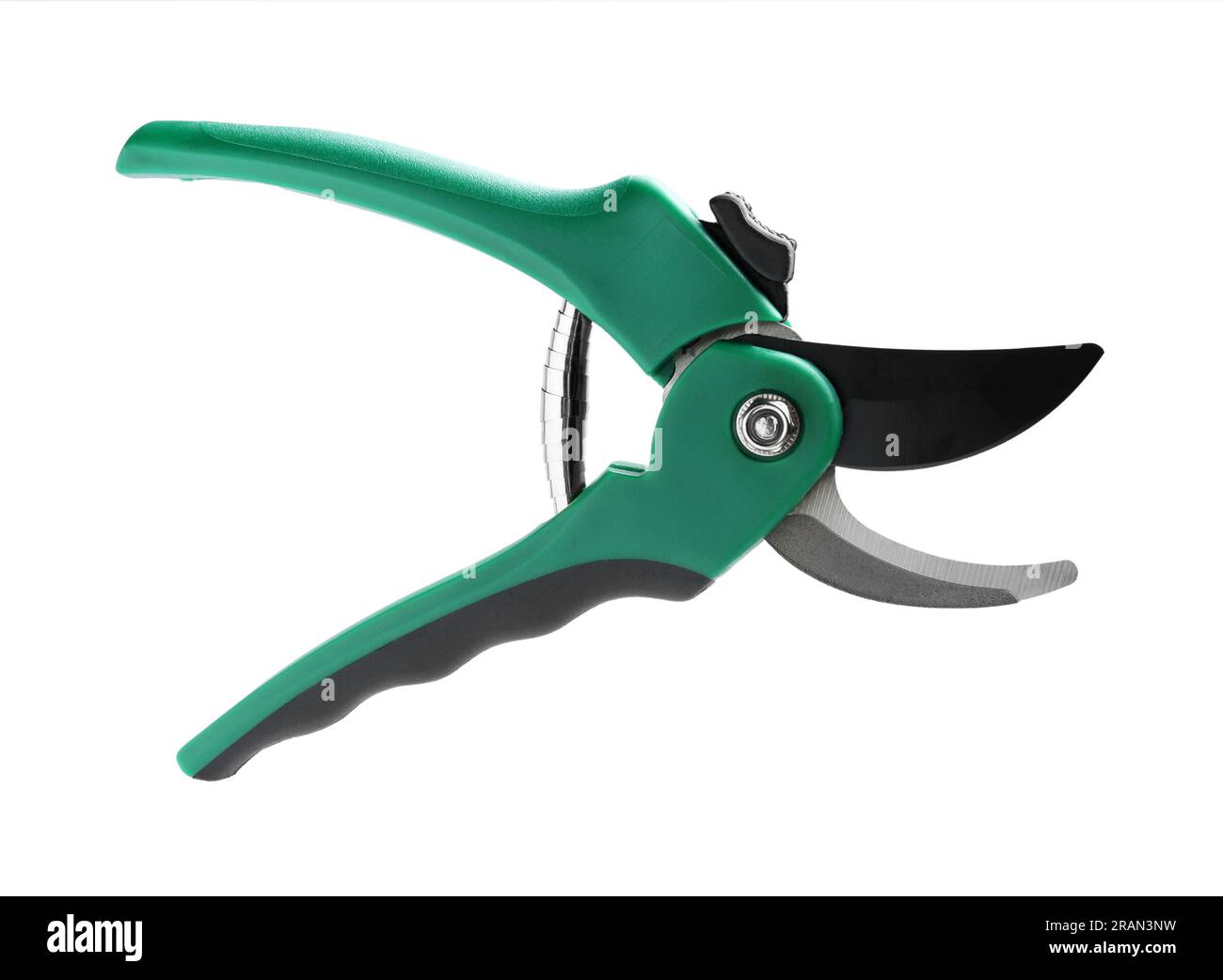 Secateurs with green handles isolated on white, top view. Gardening tool Stock Photo - Alamy