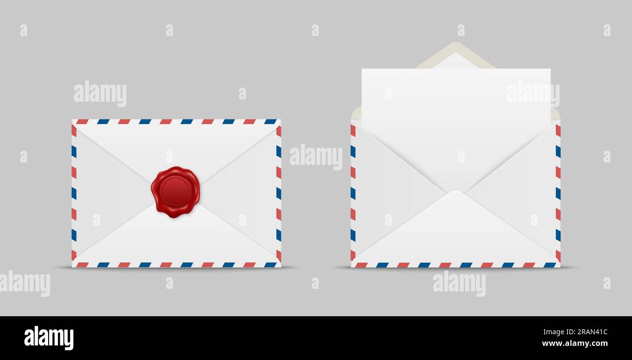 Vector Envelopes with Red Wax Seal and Blank Letter. Folded, Unfolded ...