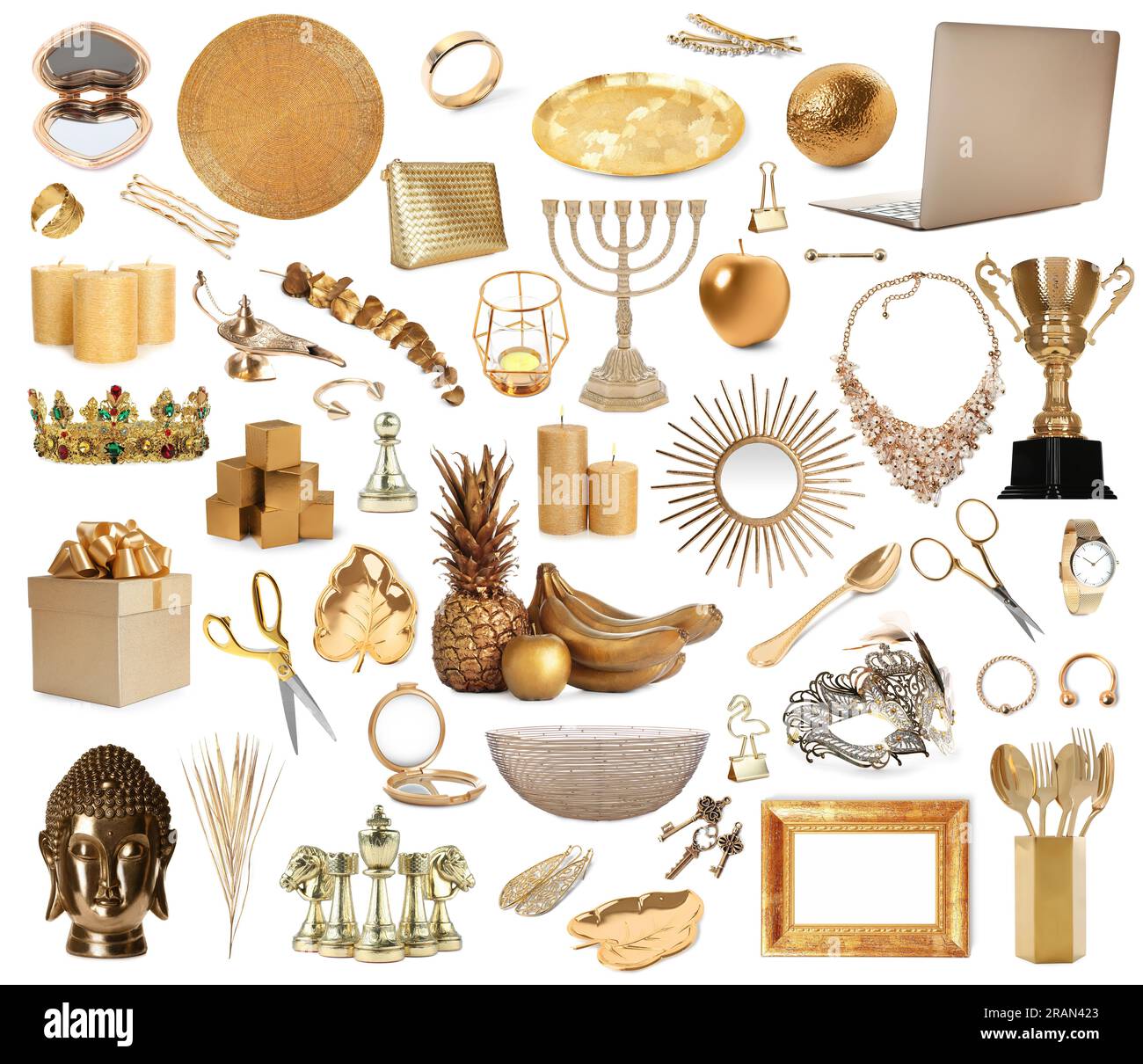 Set of different items in gold color on white background Stock Photo ...