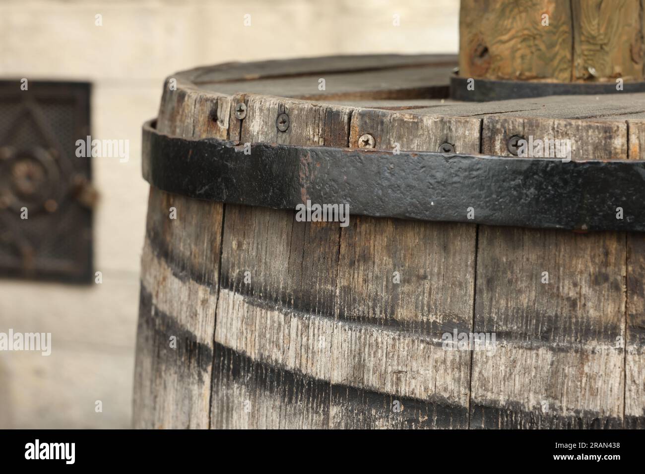 Traditional wooden barrel outdoors, closeup. Wine making Stock Photo ...