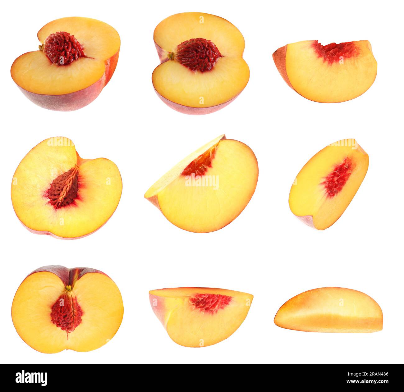 Cut fresh juicy peaches on white background Stock Photo - Alamy