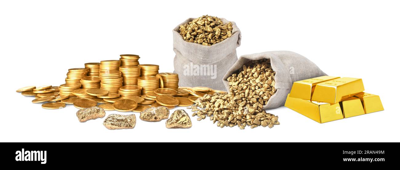 Gold bars, coins and nuggets on white background Stock Photo - Alamy