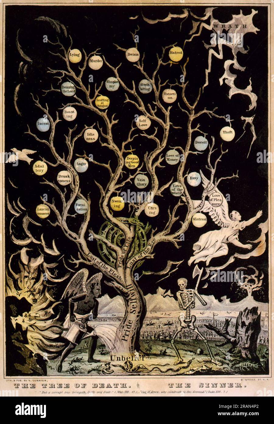 Devil watering tree of sins and skeleton about to chop it down 1845 by ...