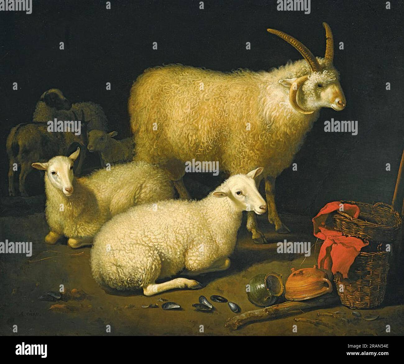 A Barn Interior with a Four-Horned Ram and Four Ewes and a Goat by ...