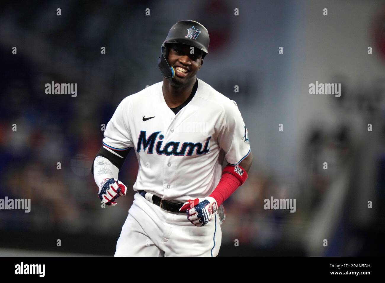 Miami Marlins' Jesus Sanchez runs the bases after hitting a three run ...