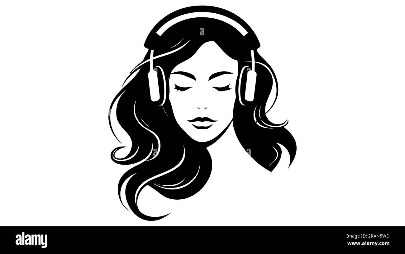 The girl logo. Black silhouette of girl listens to music on headphones ...